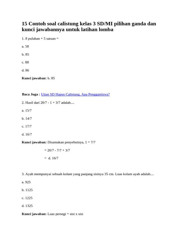 Contoh Soal Calistung Kelas 3 SD | PDF