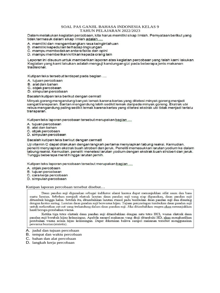 Soal Pas Ganjil Bahasa Indonesia Kelas 9 | PDF