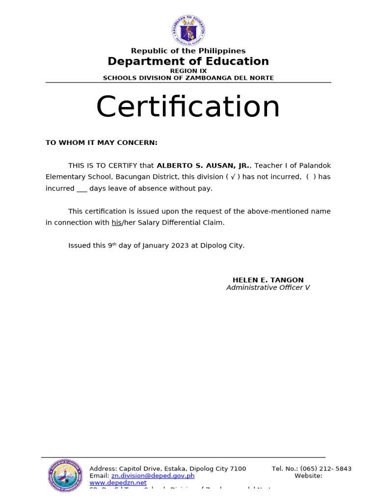 Certification of Leave Without Pay | PDF