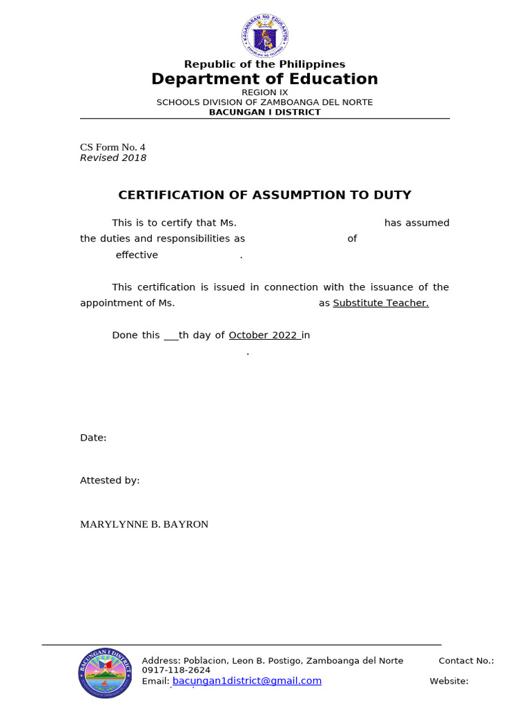 Certificate of Assumption To Duty | PDF