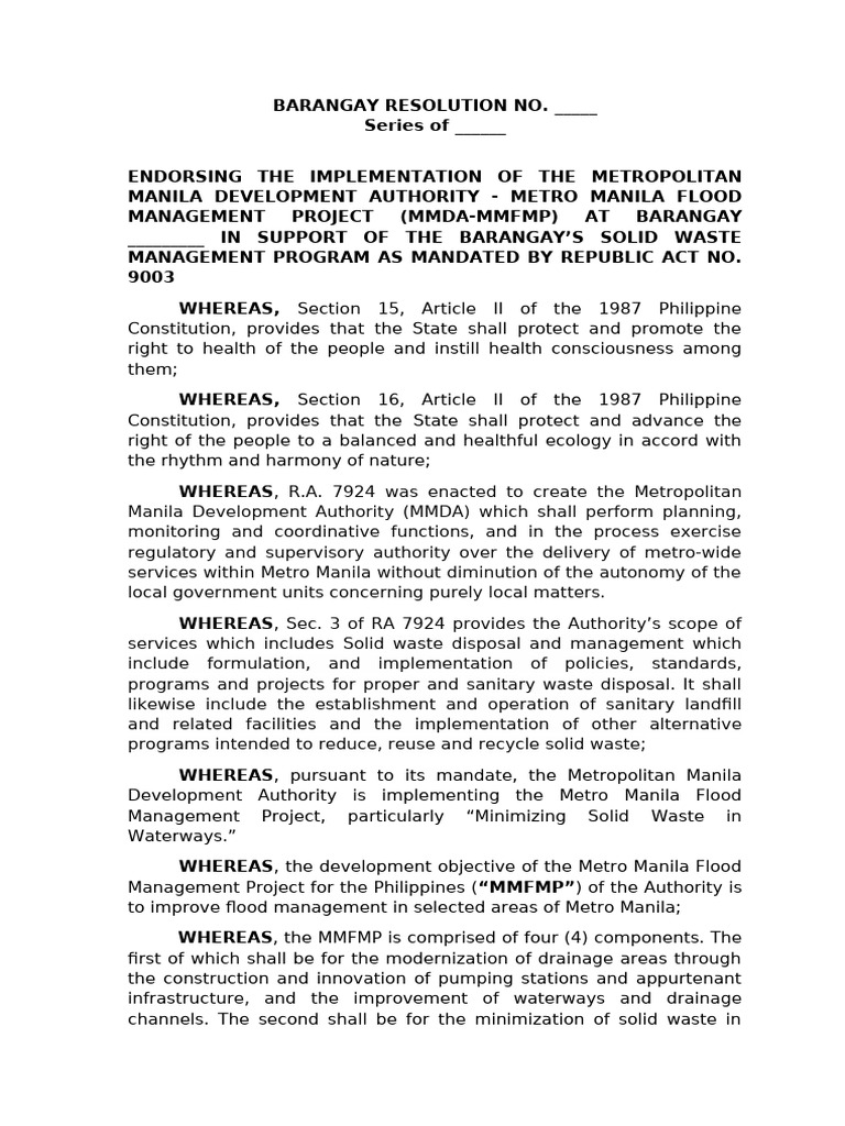 Barangay Resolution Template | PDF | Waste Management | Waste