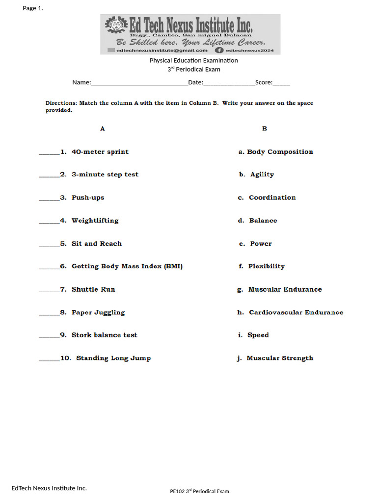 Physical Education 3rd Periodical Examination | PDF
