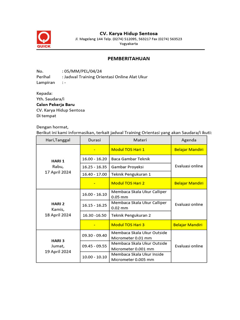 Jadwal Training Orientasi Online Alat Ukur (Staff Pelatihan) | PDF ...