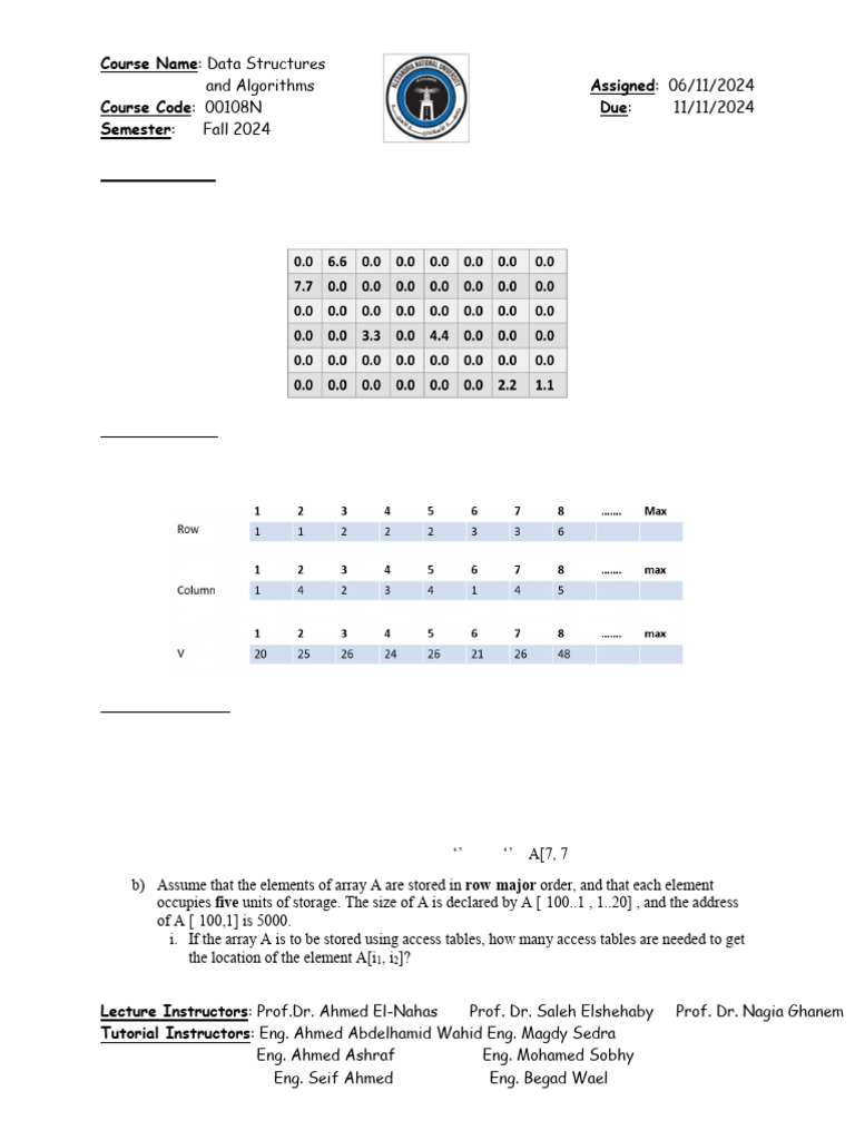Data Structures and Algorithms-Fall-2024-Sheet-02 | PDF | Matrix (Mathematics) | Algorithms
