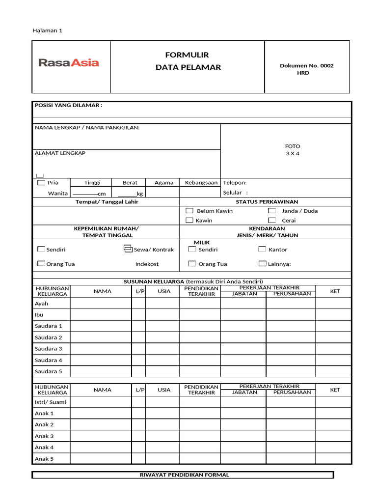 Formulir Data Pelamar Kerja Lengkap | PDF