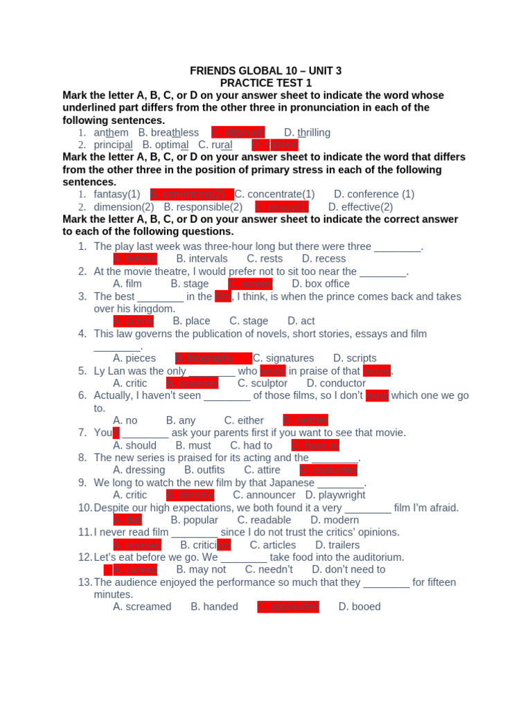Friends Global 10 Unit 3 Practice Test | PDF | Soap Opera