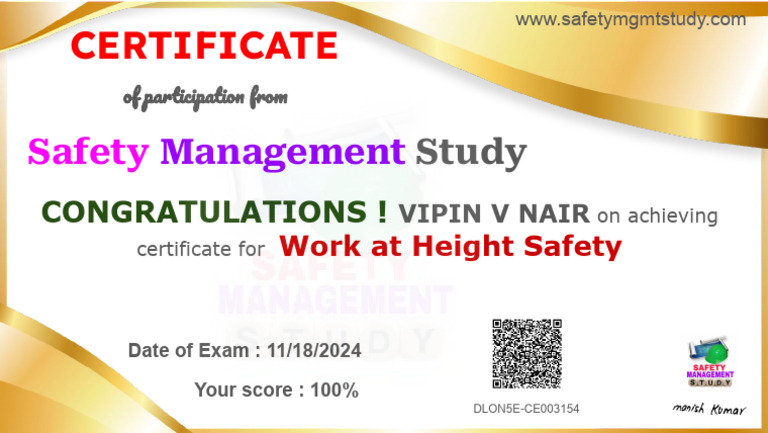 Certificate For VIPIN V NAIR For - Work at Height Safety | PDF | Business | Technology & Engineering