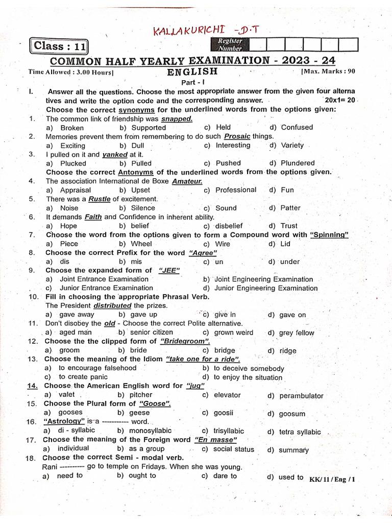 Class 11 English Half Yearly Exam 2023 | PDF