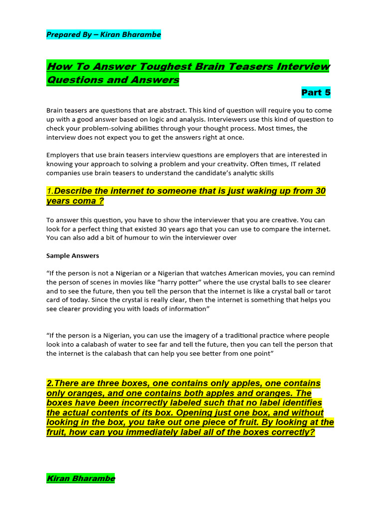 Toughest Brain Teasers Based Interview Questions and Answers | PDF ...