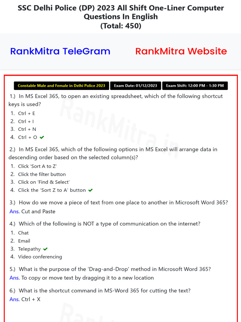 SSC Delhi Police DP 2023 All Shift One Liner Computer in English | PDF ...