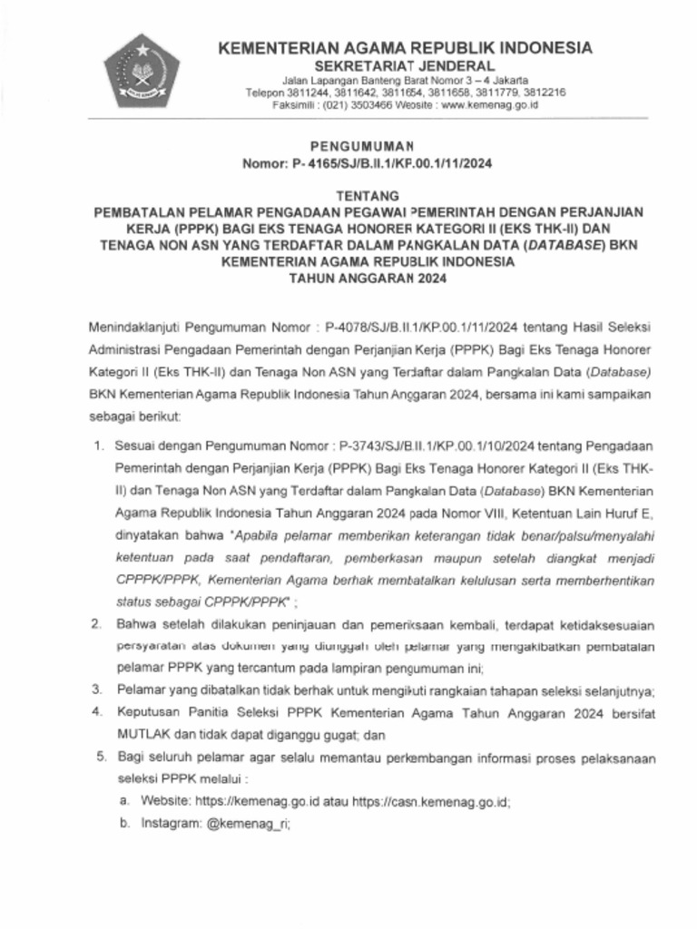 Pengumuman Pembatalan Pelamar Pengadaan PPPK Eks THK II Dan Tenaga Non Asn Database BKN Tahun ...