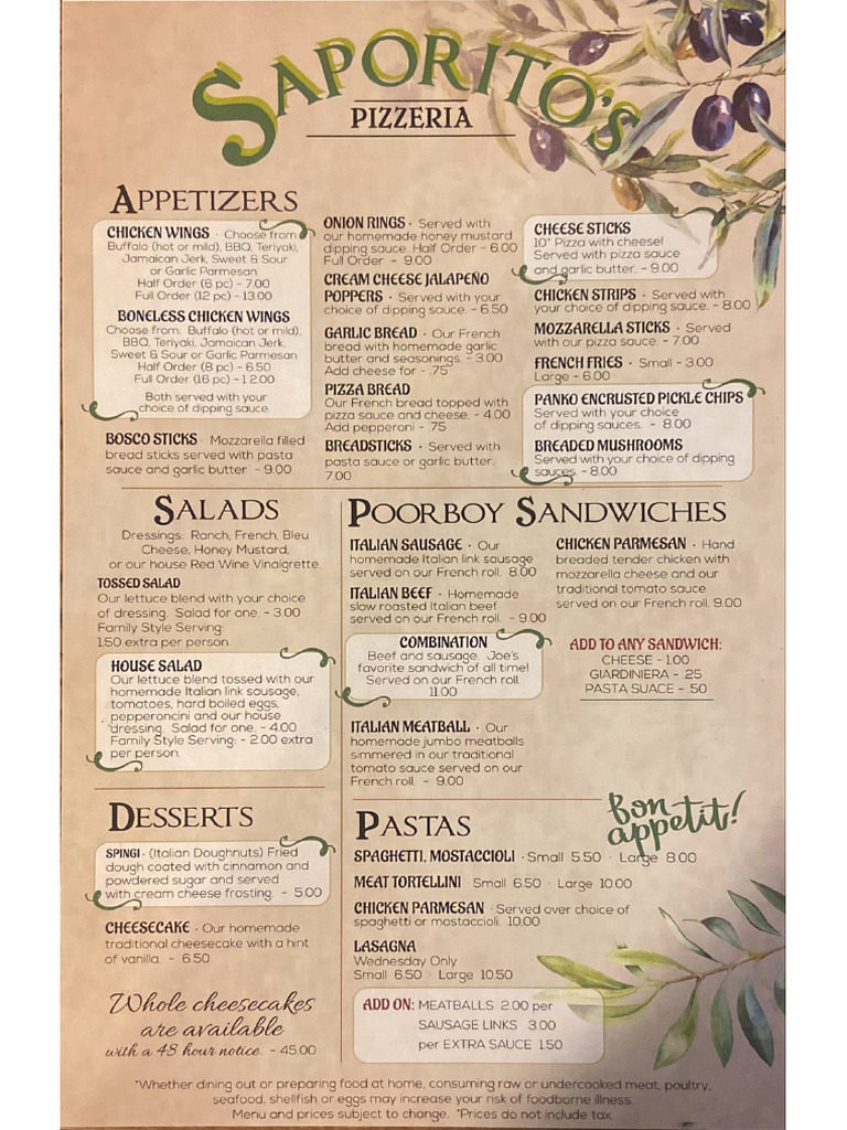 Saporitos Menu July 2023 | PDF | Pizza | Sausage