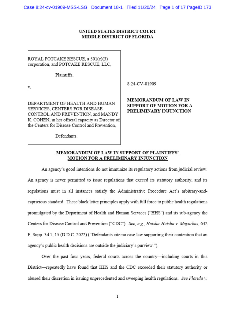 Royal Potcake Memorandum of Law in Support of Motion For A Preliminary ...