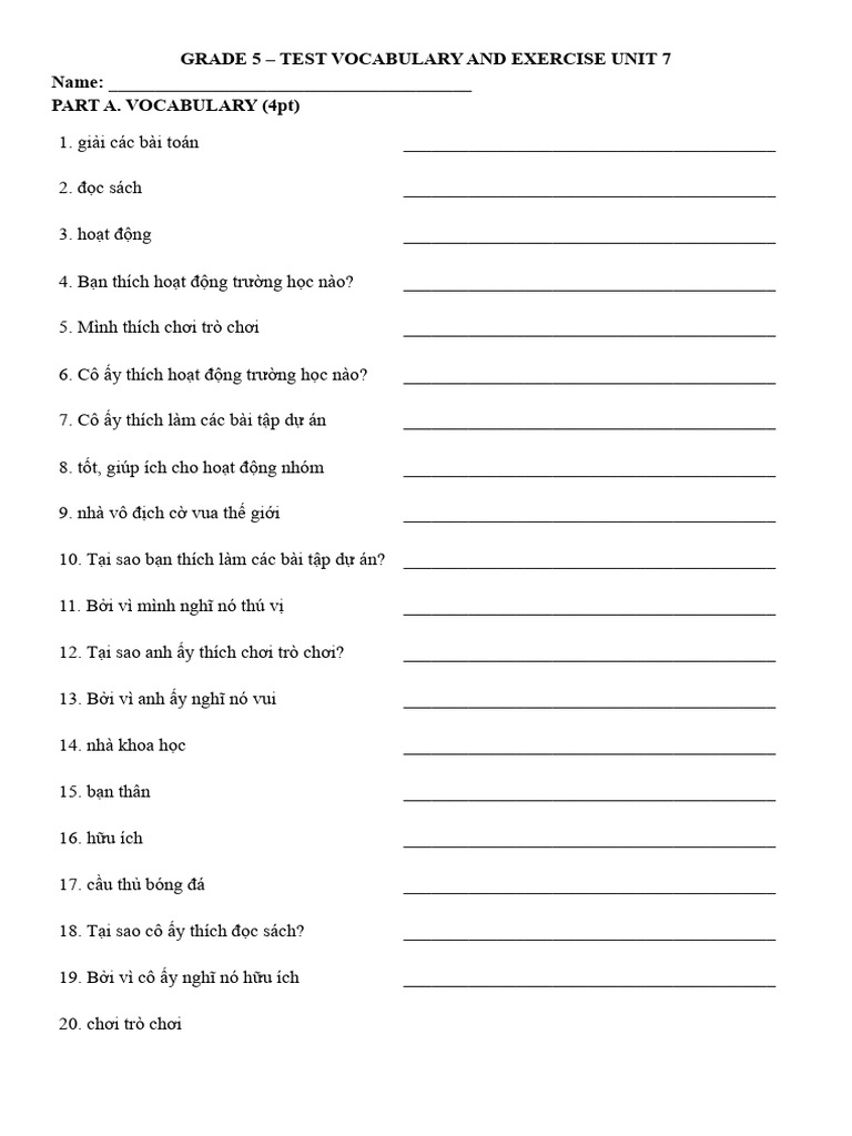 Grade 5 Vocabulary Test Unit 7 | PDF | Sports & Recreation | Games ...