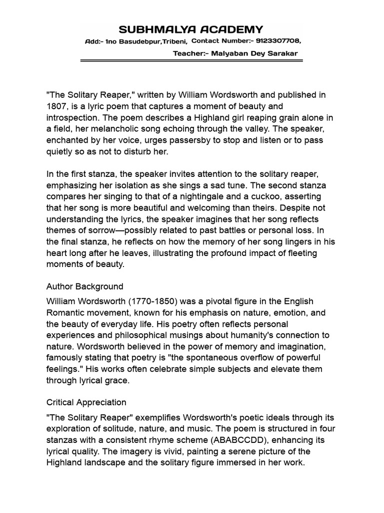 Critical Analysis of The Solitary Reaper | PDF | Poetry | William ...