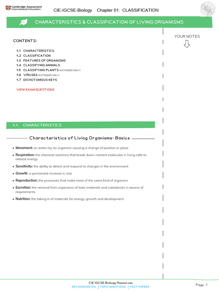 CIE IGCSE Bio Classification Notes | PDF | Cell (Biology) | Leaf
