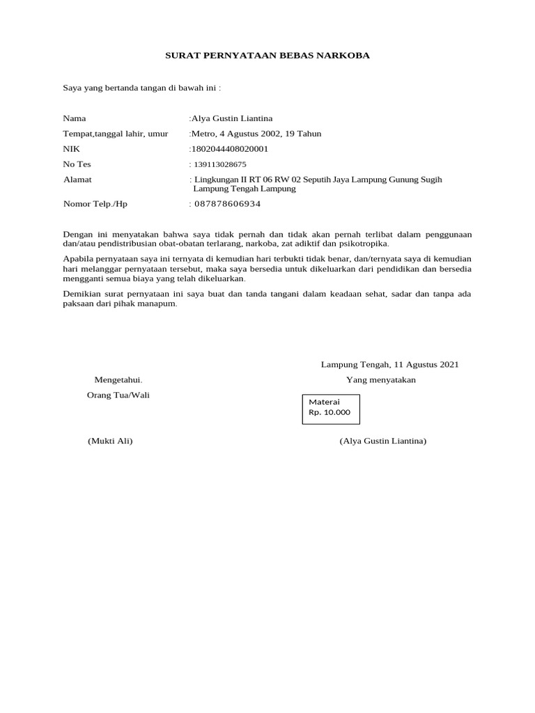 Surat Pernyataan Bebas Nakoba Fix | PDF