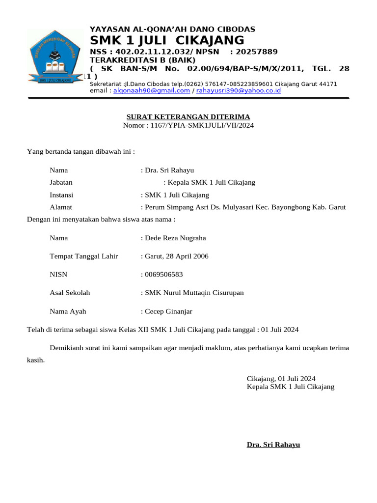 Surat Keterangan Diterima | PDF