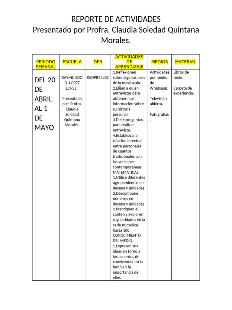 Reporte de Actividades Maestra Sol | PDF