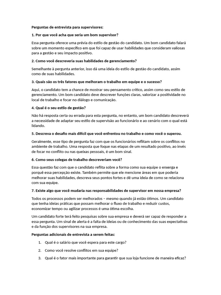 Perguntas de Entrevista para Supervisores | PDF | Liderança