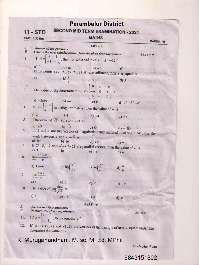 11th Maths EM 2nd Mid Term Exam 2024 Perambalur District Question Paper English Medium PDF ...