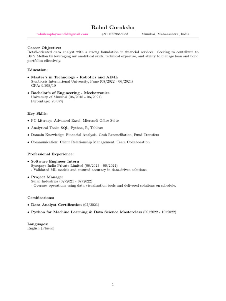 Rahul - Goraksha - Resume - Beny Mellon | PDF | Business