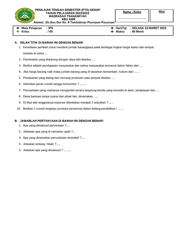 Soal PTS KLS 8 2023 | PDF