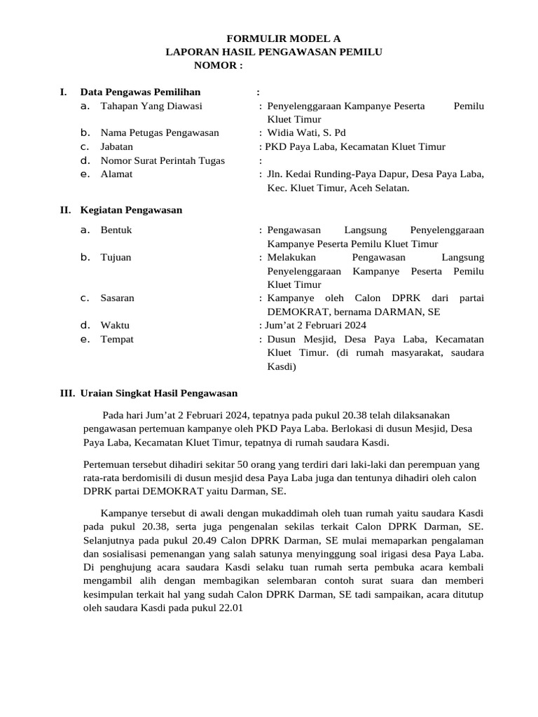 Formulir Model A Kampanye DPRK Demokrat Darman, Se Di Dusun Mesjid Desa Paya Laba 2 Februari ...