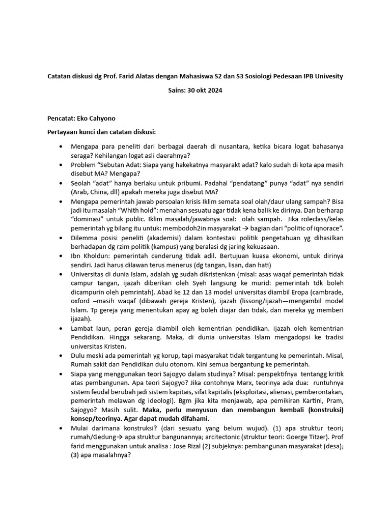 Catatan Diskusi DG Prof. Farid Alatas (Sains J 30 Okt 2024) Eko C | PDF