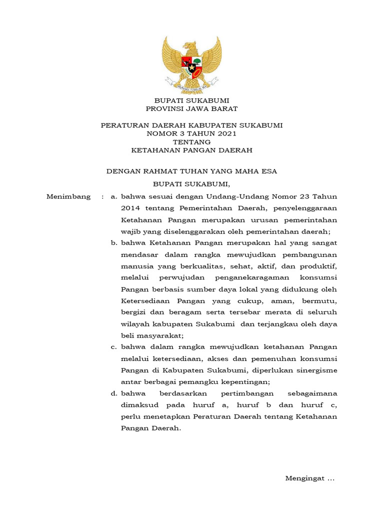 PERDA NO 3 THN 2021 Ketahanan Pangan Daerah | PDF