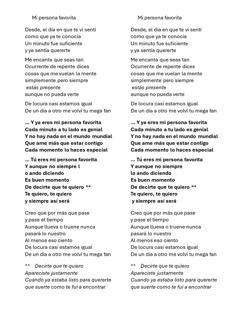Mi Persona Favorita: Letras y Sentimientos | PDF