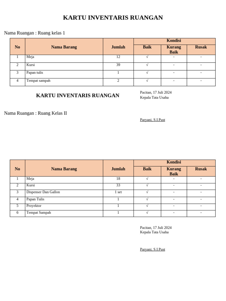 Kartu Inventaris Ruangan Benar | PDF