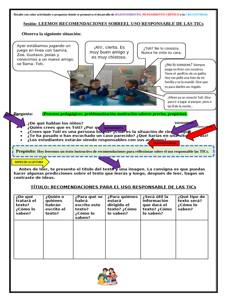 Ficha Leemos Recomendaciones Sobre El Uso Responsable de Las Tics Señalando Razonamiento ...