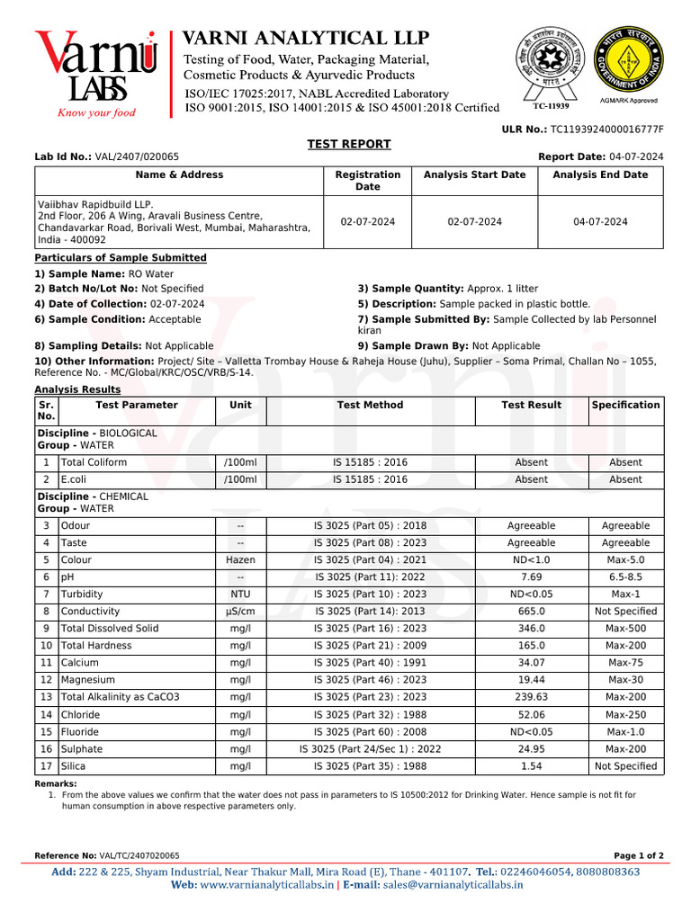 RO Water Quality Test Report 2024 | PDF