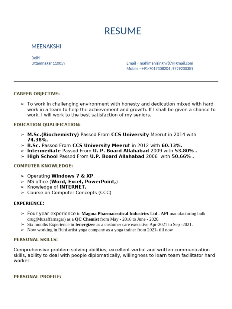 Resume: Meenakshi | PDF