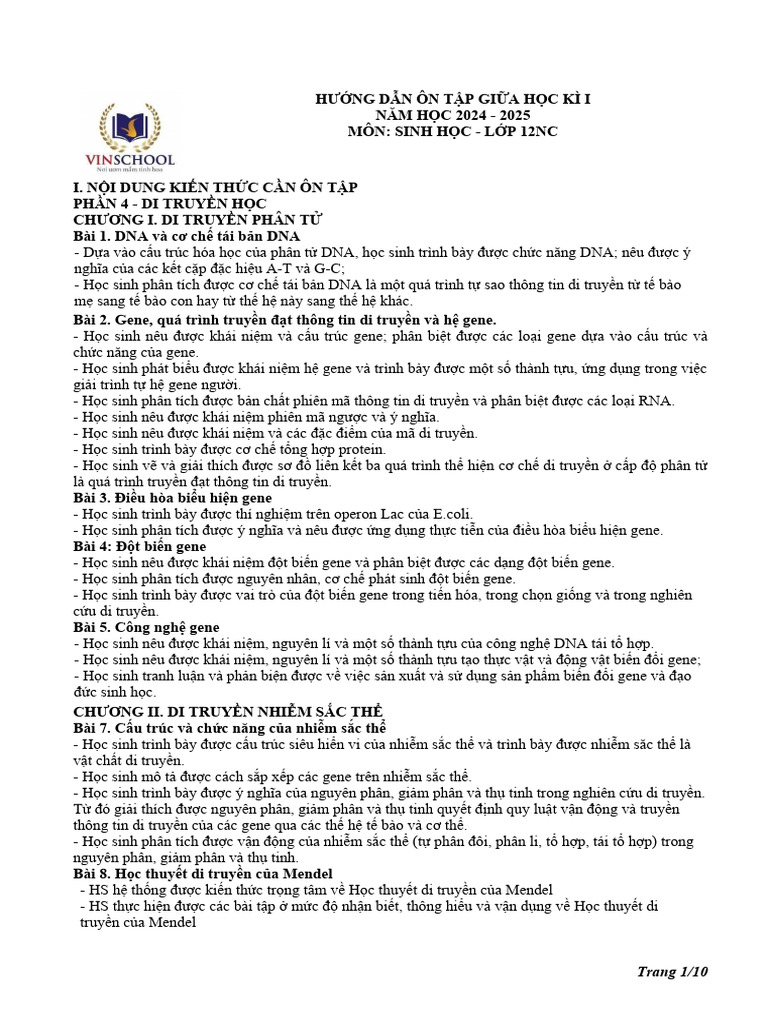 23.9 - Đề Cương GKI - Sinh Học 12NC - Update | PDF