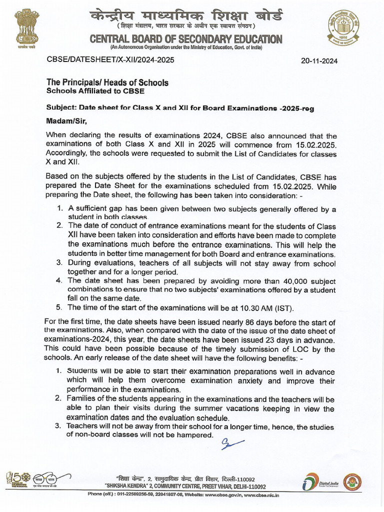 Date Sheet Main Exam 2025 | PDF