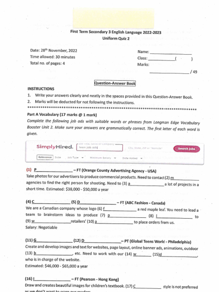 S. 3 English Language Quiz 2 | PDF