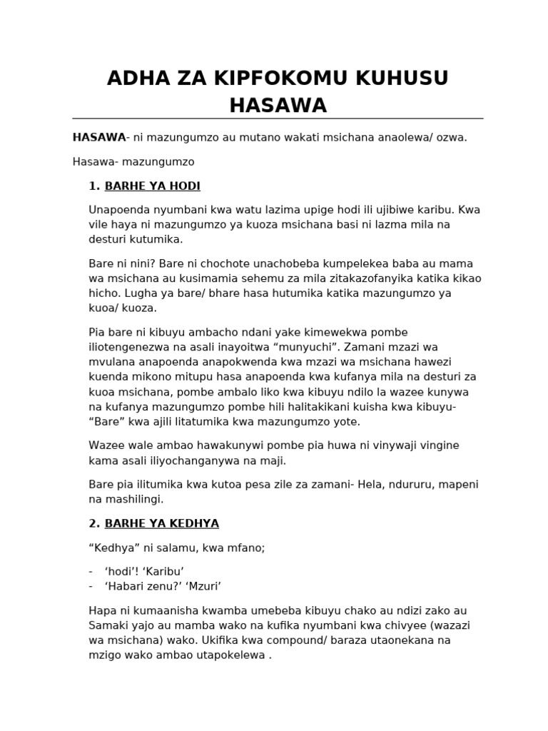 Adha Za Kipfokomu Kuhusu Hasawa | PDF