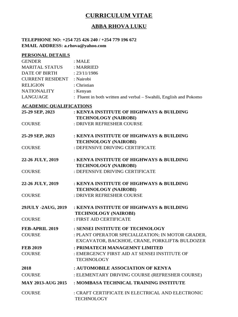 Cirriculum Vitae Rhova | PDF | Kenya | Nairobi