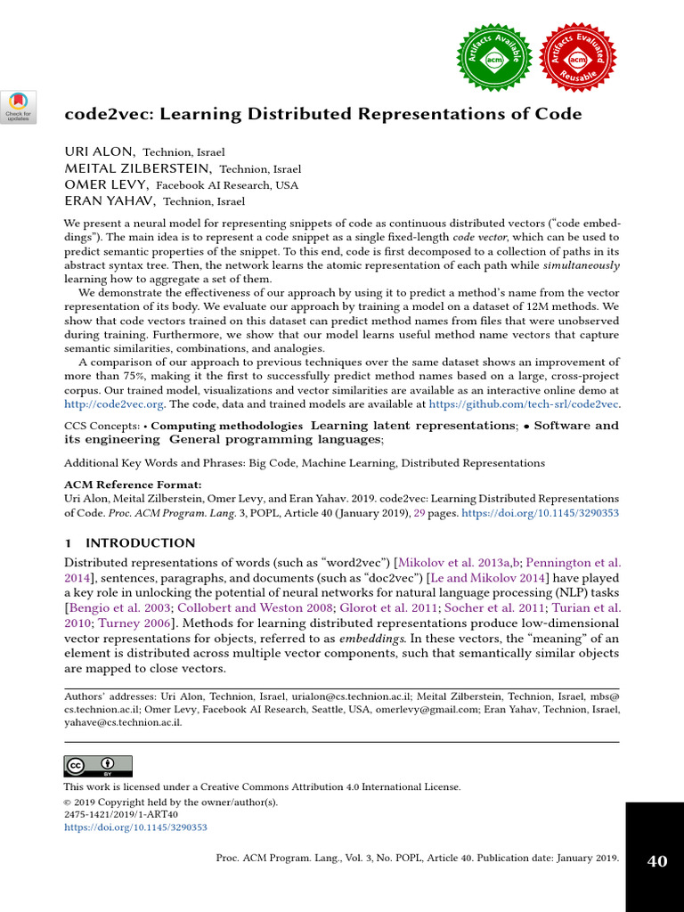 2019 Popl Code2vec Learning Distributed Representations Of Code Pdf