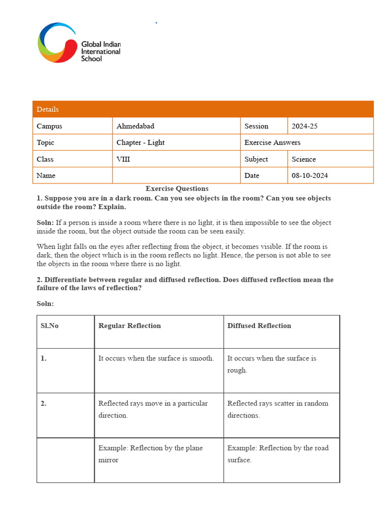 Class 8 Science: Light Chapter Solutions | PDF | Reflection (Physics ...