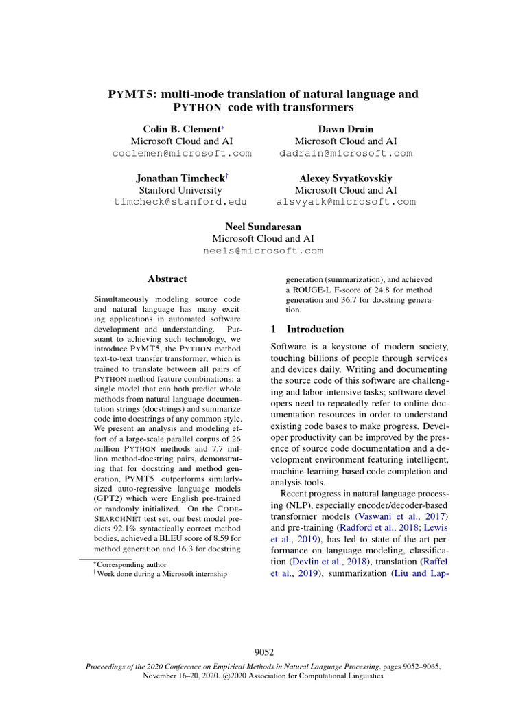 2020-emnlp-PYMT5 - Multi-Mode Translation of Natural Language and Python Code With Transformers ...