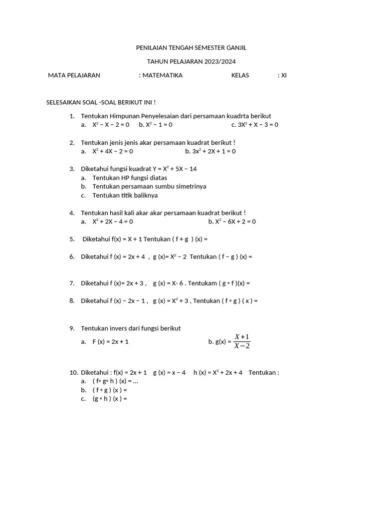 PTS Mat Xi, X, Xii Terbaru | PDF