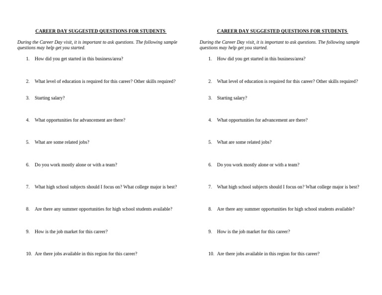 Essential Career Day Questions for Students | PDF