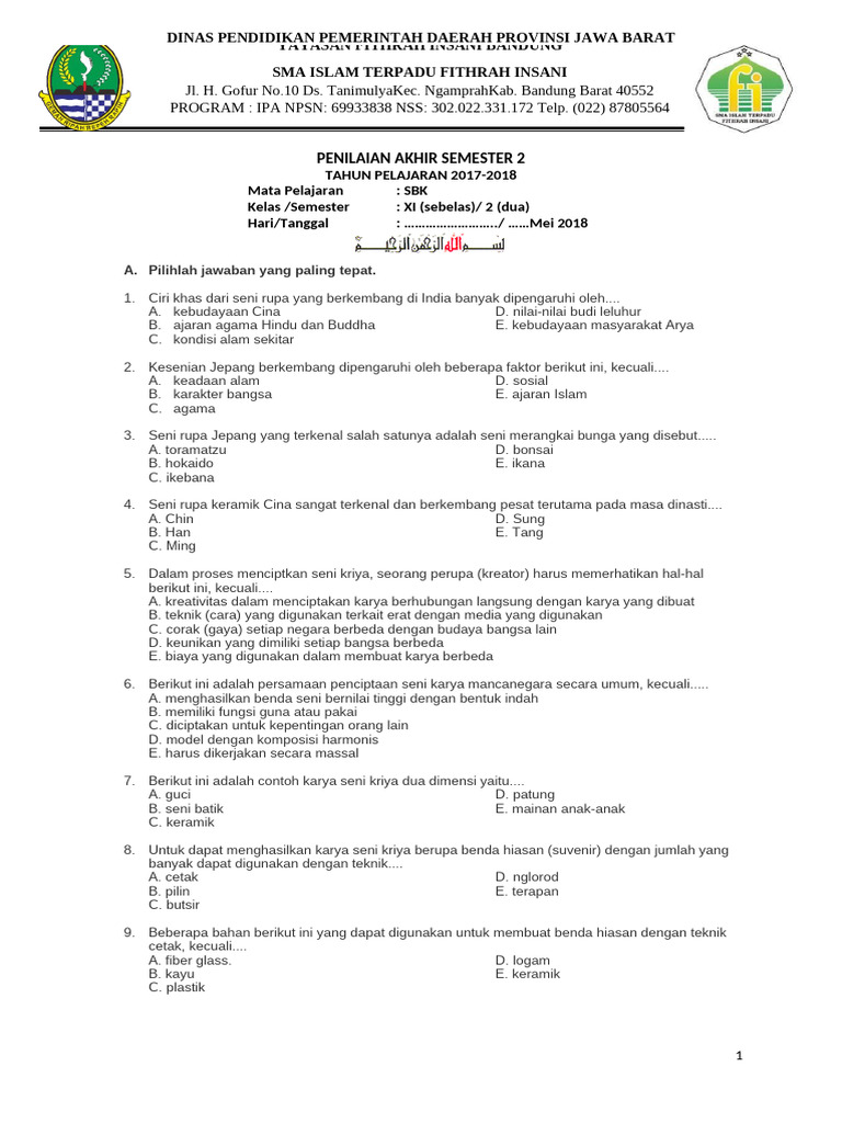Soal Pas SBK Kls 11 Sma Sem 2 2018 | PDF
