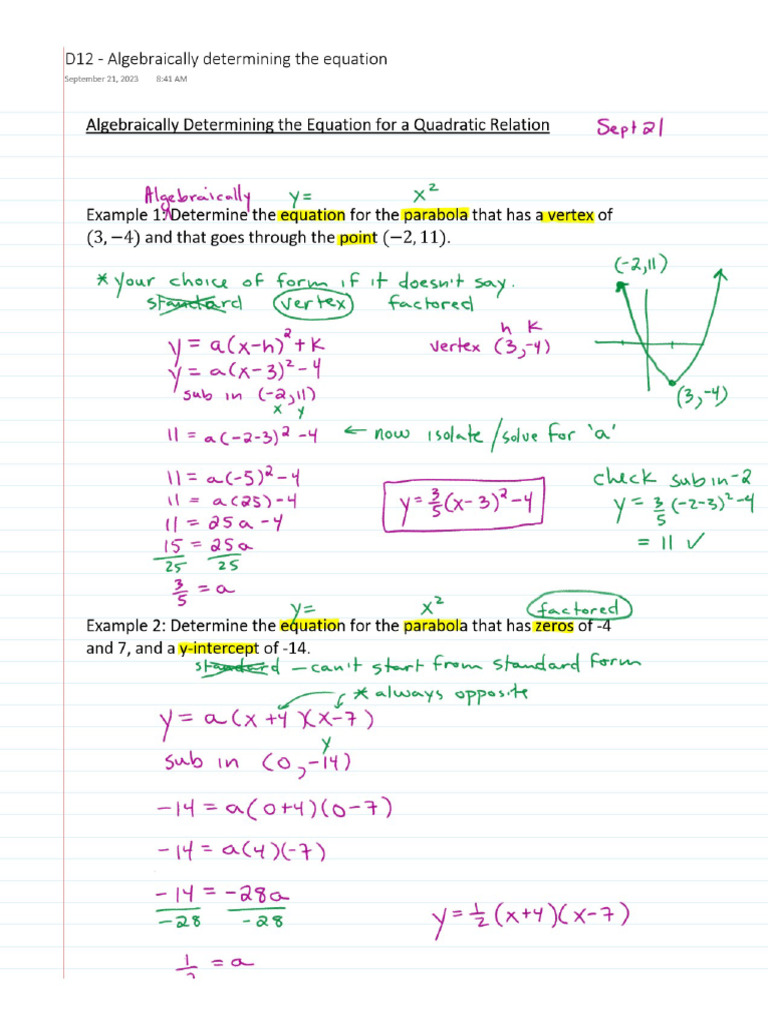 Algebraically Determining The Equation Note | PDF