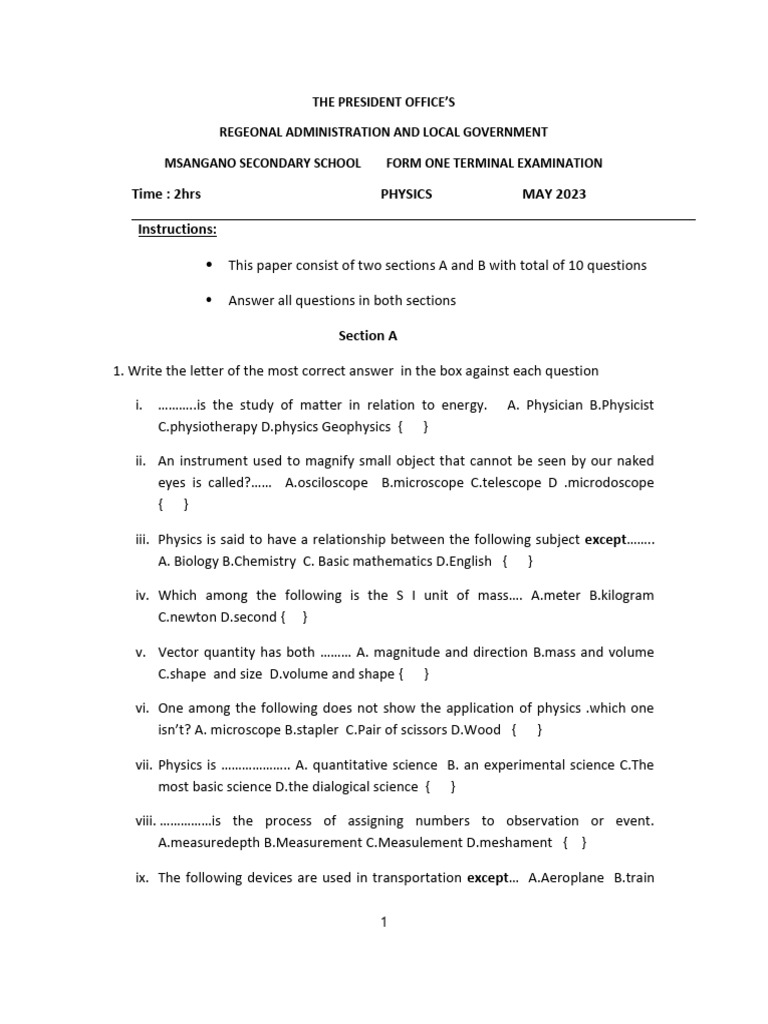 Physics Form One Examination | PDF | Physics | Science