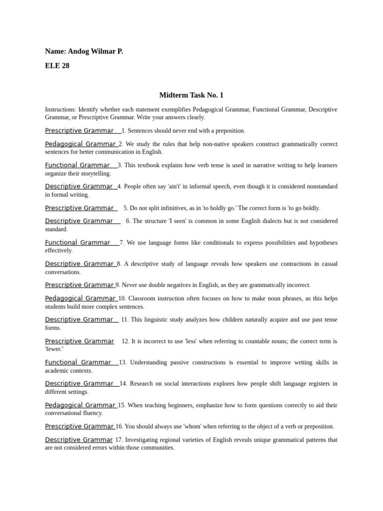 Midterm Task No 1 | PDF | Grammar | English Language