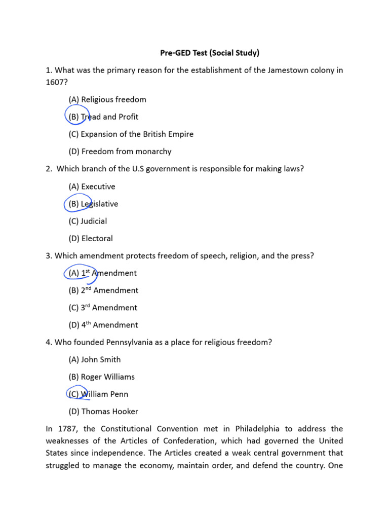 Pre-Ged Test (Social Study) - 241007 - 110902 | PDF | Separation Of ...